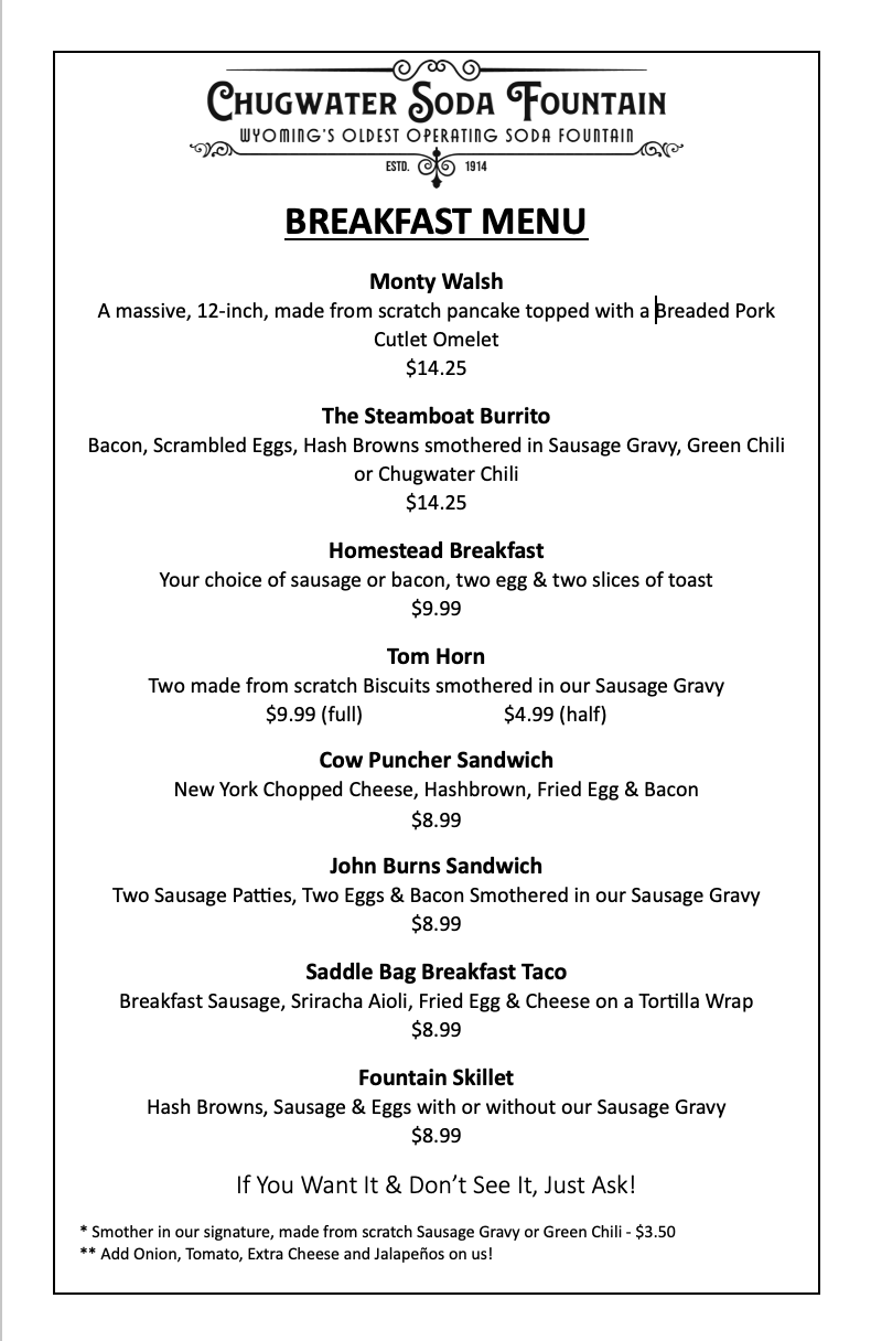 Menu – Chugwater Soda Fountain