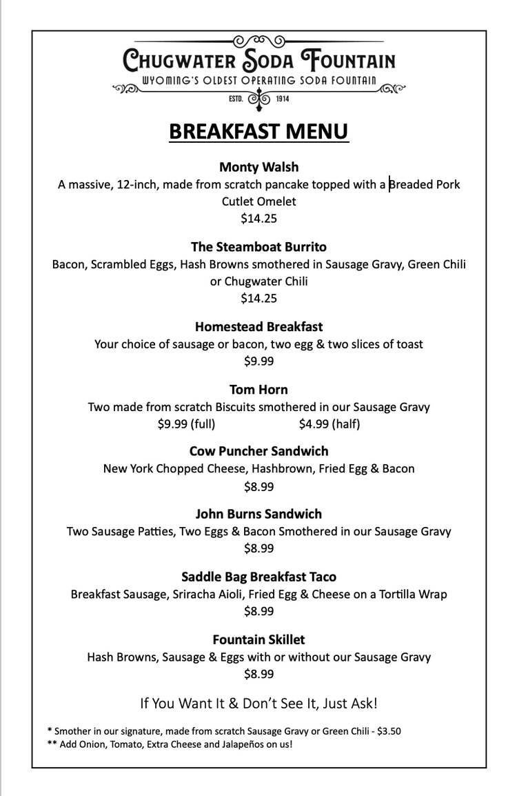 Menu – Chugwater Soda Fountain